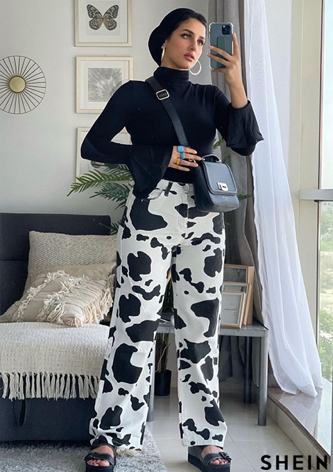 Cow Print Wide Leg Jeans | SHEIN