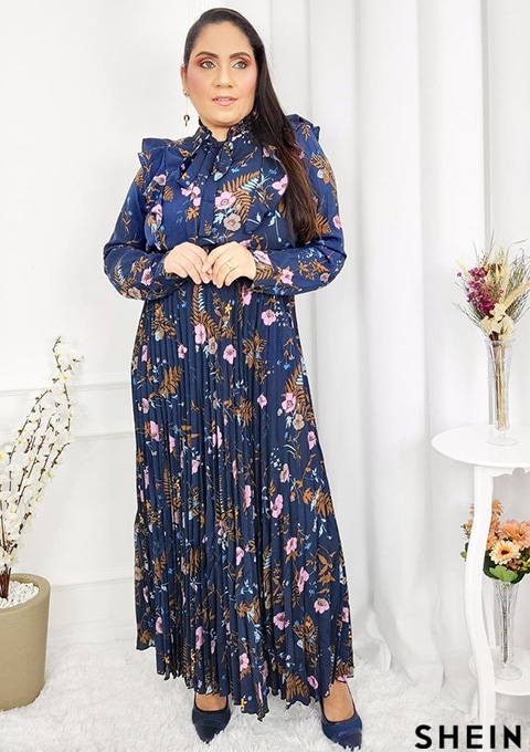 SHEIN Modely Floral Print Tie Neck Pleated Hem Dress | SHEIN USA
