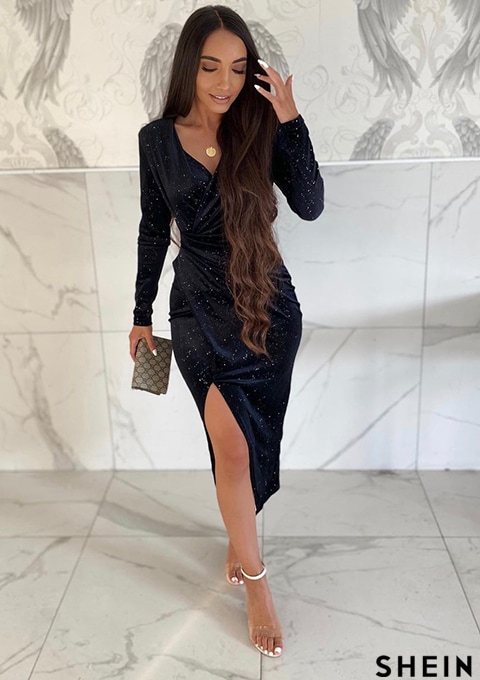 Double Crazy Wrap Detail Glitter Velvet Dress | SHEIN USA