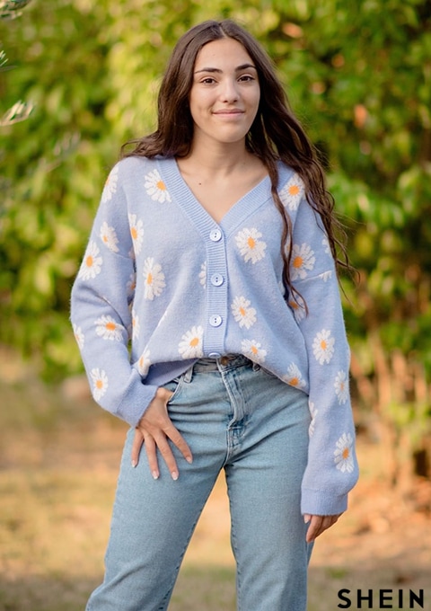 SHEIN Essnce Button Front Daisy Floral Pattern Cardigan | SHEIN