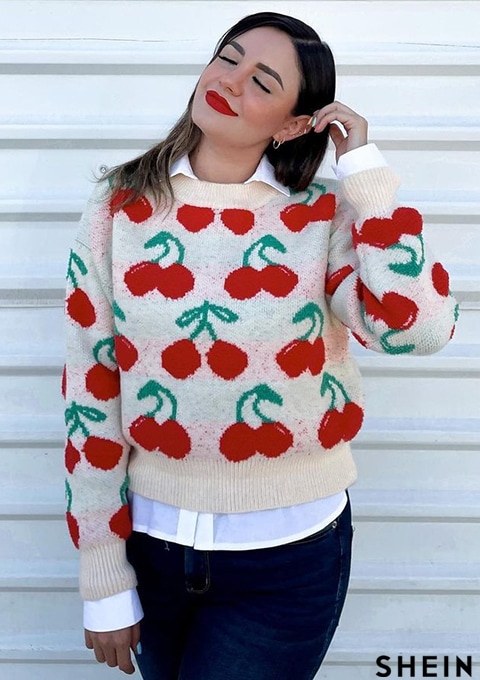 Cherry Pattern Drop Shoulder Sweater | SHEIN USA