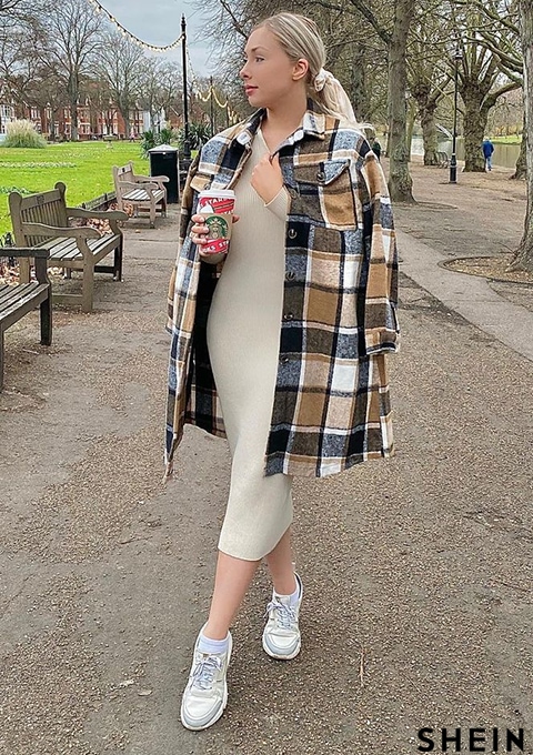 SHEIN LUNE Plaid Flap Pocket Drop Shoulder Coat | SHEIN USA