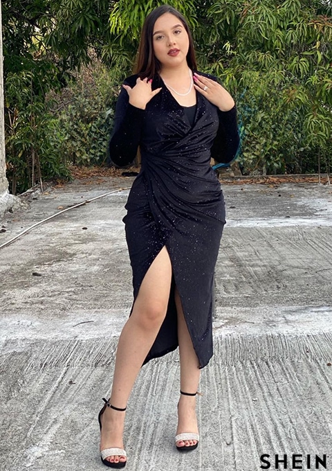 Double Crazy Wrap Detail Glitter Velvet Dress | SHEIN USA