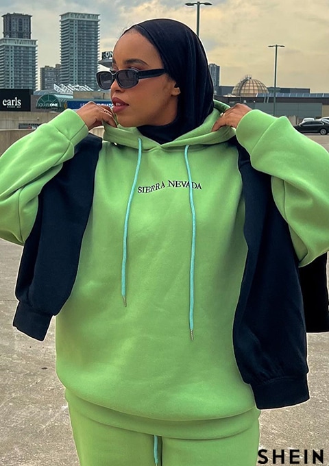 Shein Ezwear Letter Embroidery Drop Shoulder Hoodie And Sweatpants For