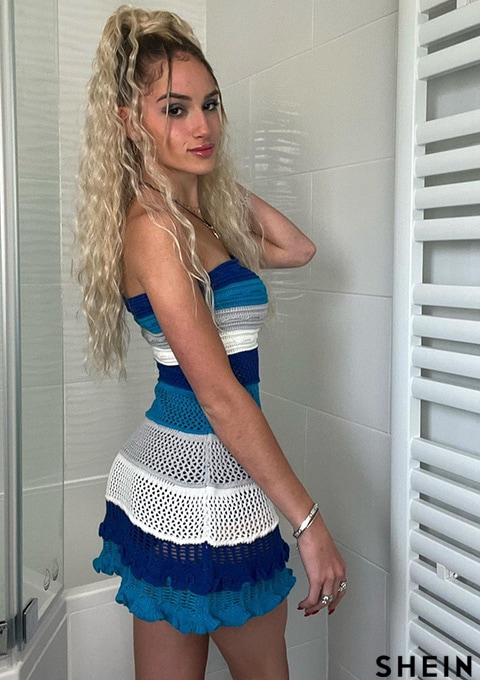 SHEIN Slayr Color Block Lettuce Trim Pointelle Knit Tube Sweater Dress | SHEIN USA