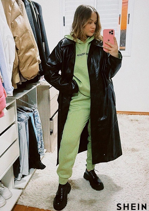 Shein Ezwear Letter Embroidery Drop Shoulder Hoodie And Sweatpants For