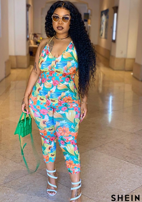Shein Sxy Floral And Butterfly Print Criss Cross Backless Cami Unitard