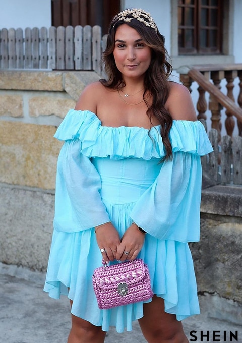 Off Shoulder Ruffle Trim Trumpet Sleeve Dress | SHEIN USA