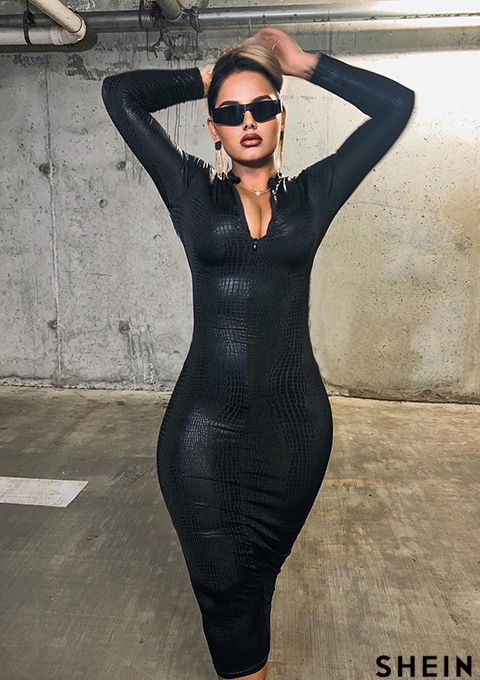 SHEIN SXY Croc Embossed PU Leather Bodycon Dress | SHEIN UK