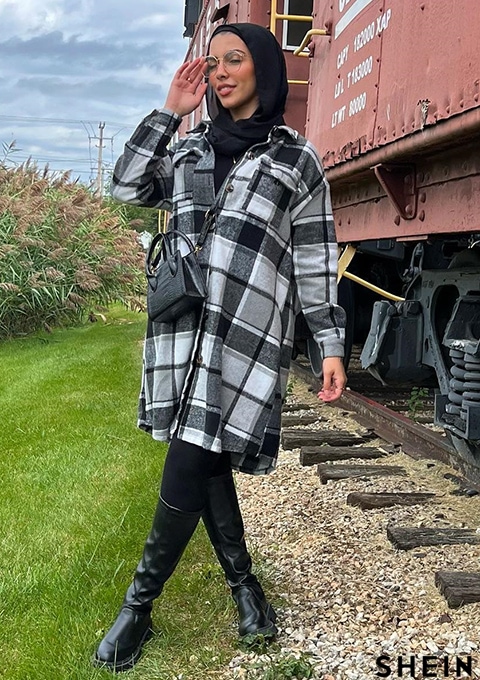 SHEIN LUNE Plaid Flap Pocket Drop Shoulder Coat | SHEIN USA