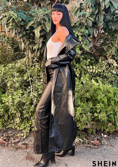 SHEIN BAE Lapel Neck Belted PU Leather Longline Coat | SHEIN UK