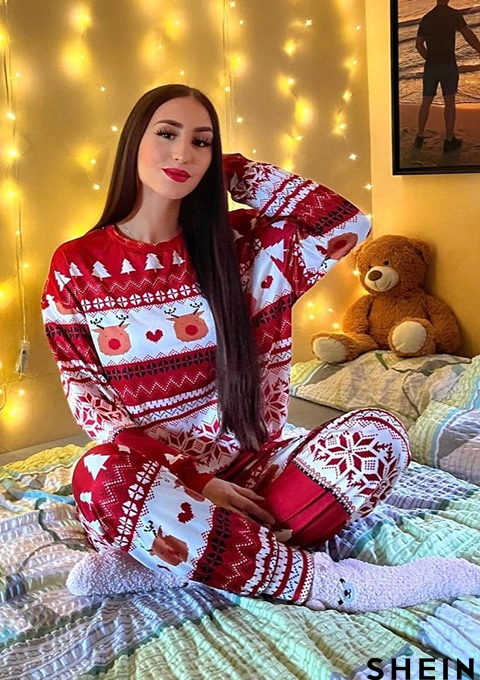 Christmas Deer & Tree Print Drop Shoulder PJ Set | SHEIN USA