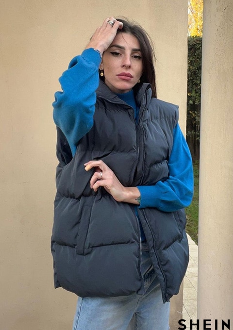 DAZY Slant Pockets Vest Puffer Pockets Coat Without Hoodie | SHEIN UK