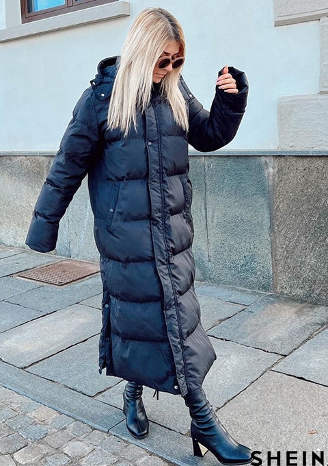 Dazy Slant Pocket Zipper Hooded Longline Puffer Thick Pockets Coat
