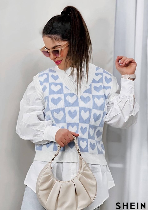 SHEIN Qutie Heart & Checker Pattern Sweater Vest | SHEIN UK