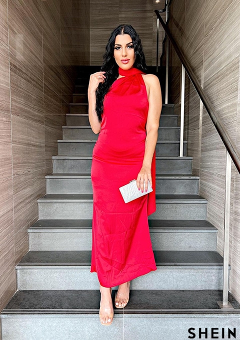 SHEIN Belle Asymmetric Detail Halter Neck Backless Satin Dress | SHEIN USA