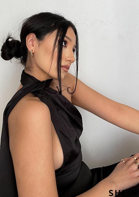 SHEIN Belle Asymmetric Neck Draped Backless Satin Dress | SHEIN USA