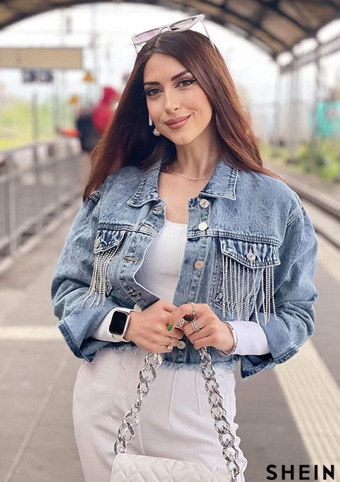 SHEIN Essnce Drop Shoulder Rhinestone Fringe Trim Raw Cut Crop Denim ...