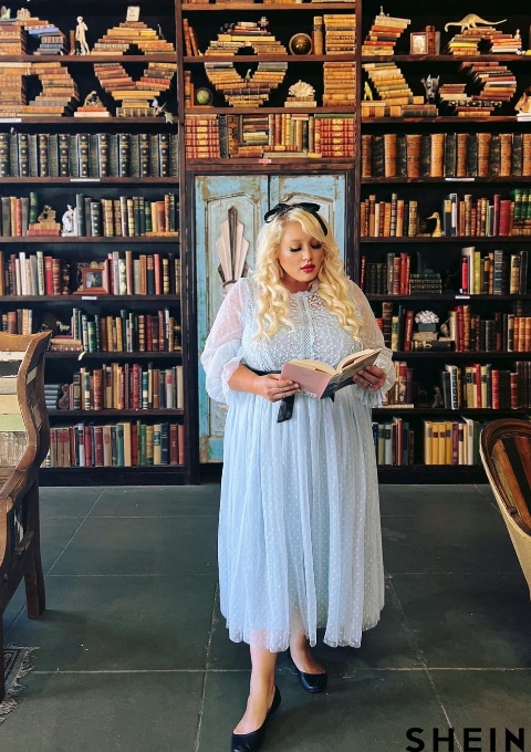 Simplee Plus Belted Contrast Lace Dobby Mesh Dress | SHEIN USA