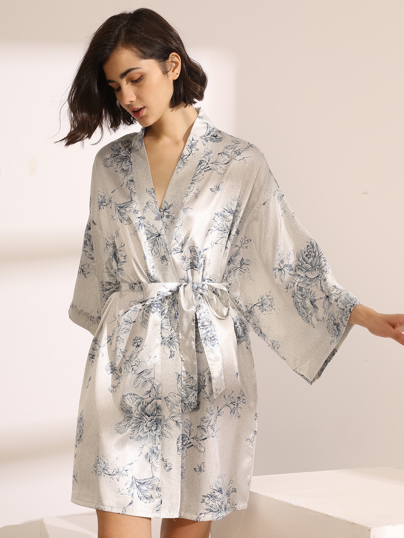 Floral Satin Robe With Belt