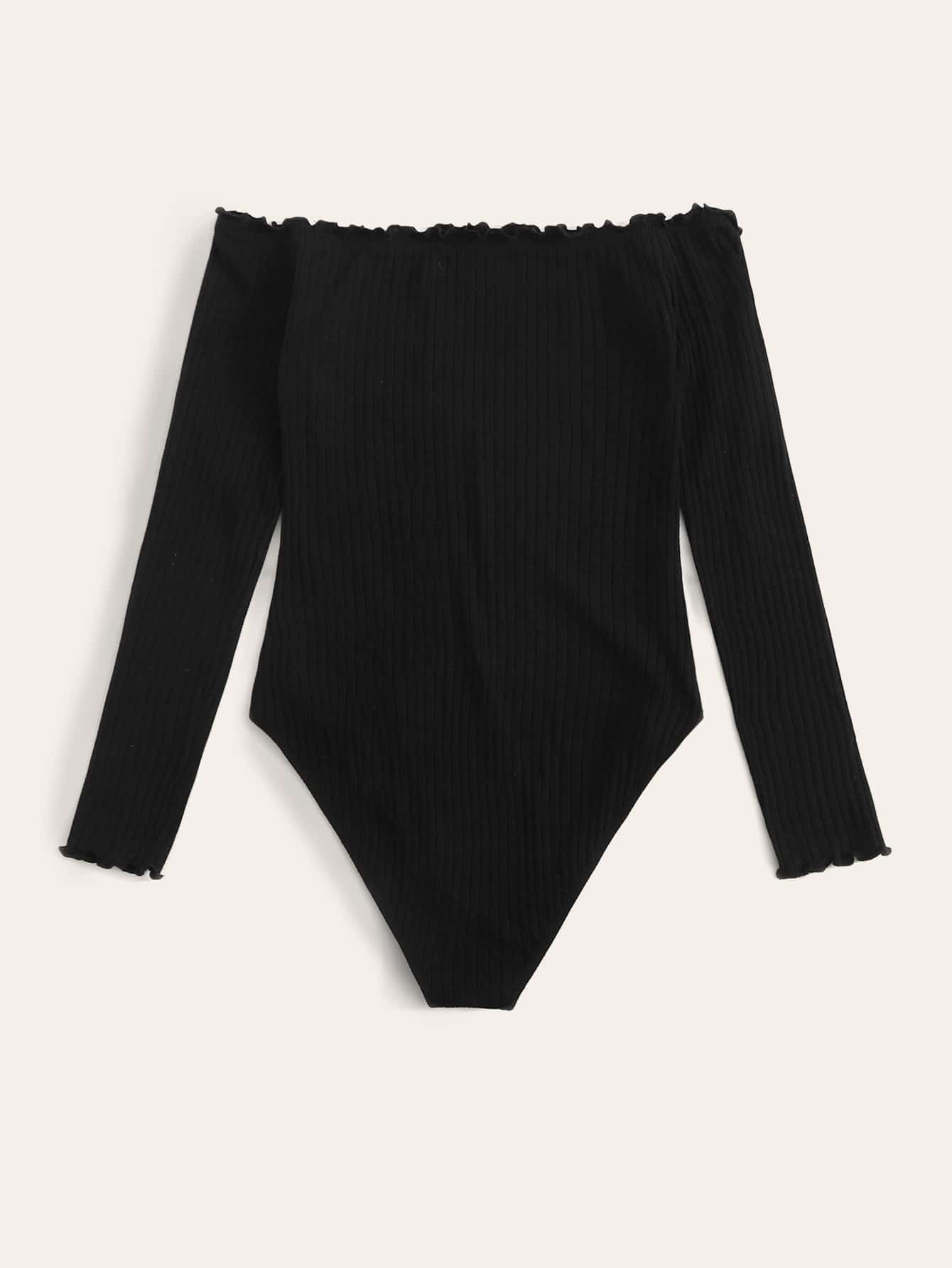 Shein Ezwear Letter Graphic Rib Knit Lettuce Trim Bardot Bodysuit