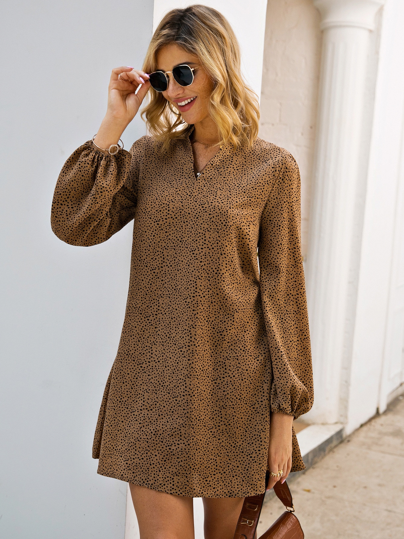 Notch Neck All Over Print Tunic Dress