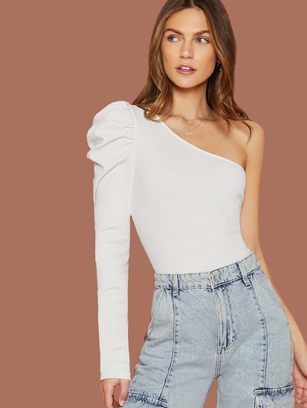 SHEIN Solid One Shoulder Puff Sleeve Top | SHEIN USA