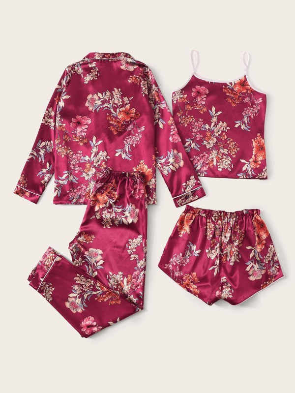 4Pcs Floral Print Satin PJ Set | SHEIN USA
