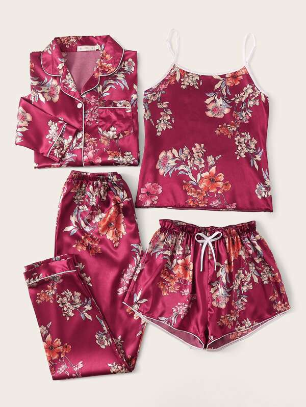 4Pcs Floral Print Satin PJ Set | SHEIN USA