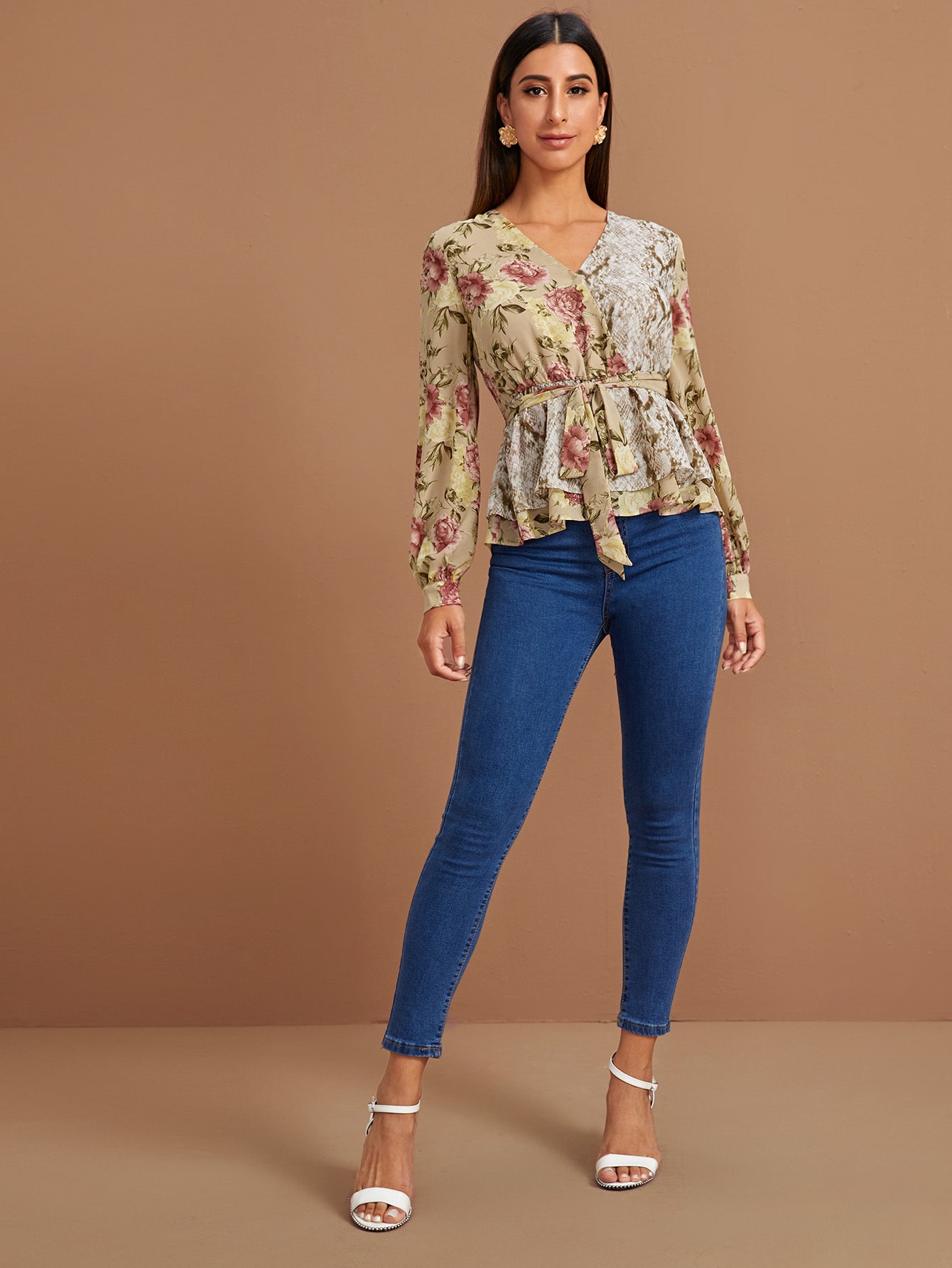Shein Surplice Neck Layered Ruffle Hem Belted Spliced Blouse Shein Usa