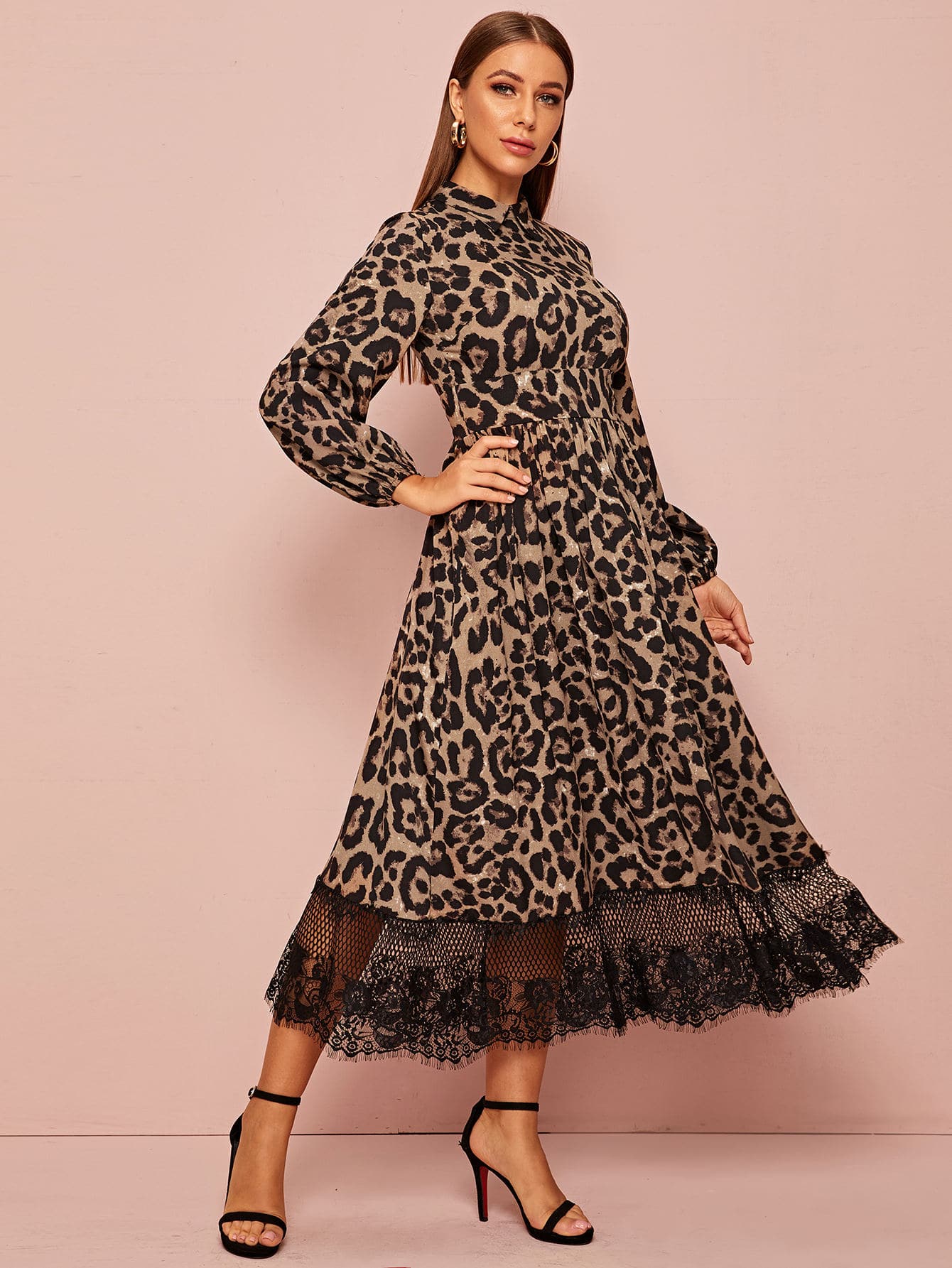 SHEIN Collared Lace Hem Leopard Dress | SHEIN USA