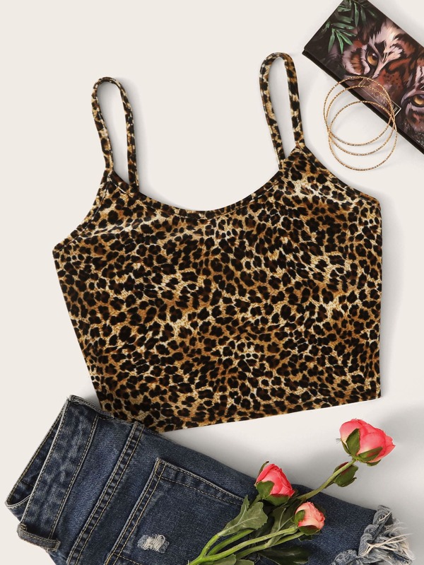 SHEIN Privé Leopard Print Velvet Cropped Cami Top | SHEIN USA