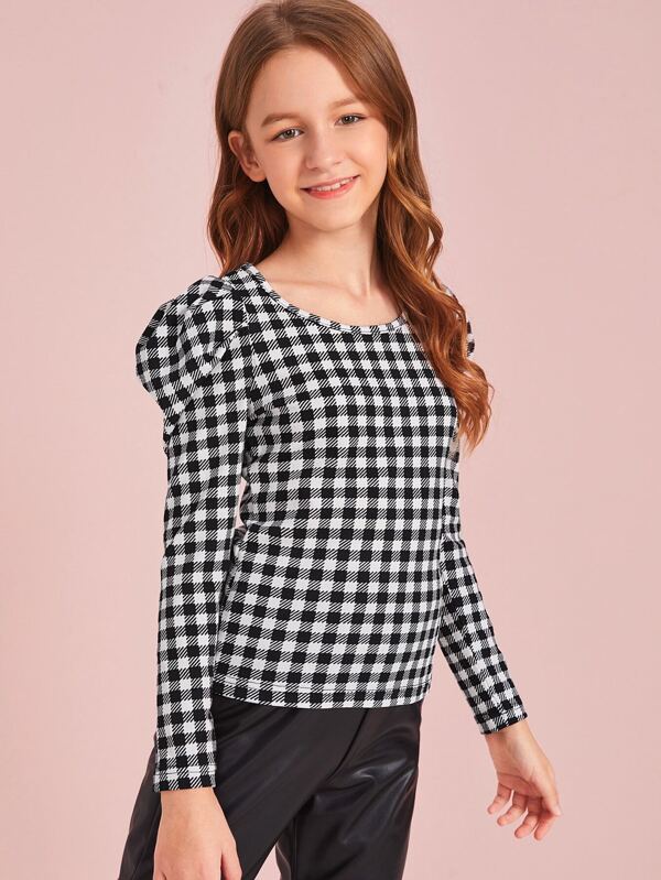 SHEIN Girls Gingham Print Puff Sleeve Top | SHEIN UK