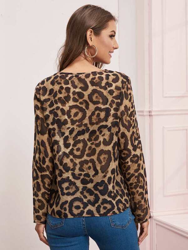 SHEIN Mesh Insert Leopard Print Top | SHEIN USA