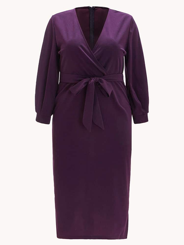Shein Modely Plus Self Belted Blouson Sleeve Split Hem Pencil Dress
