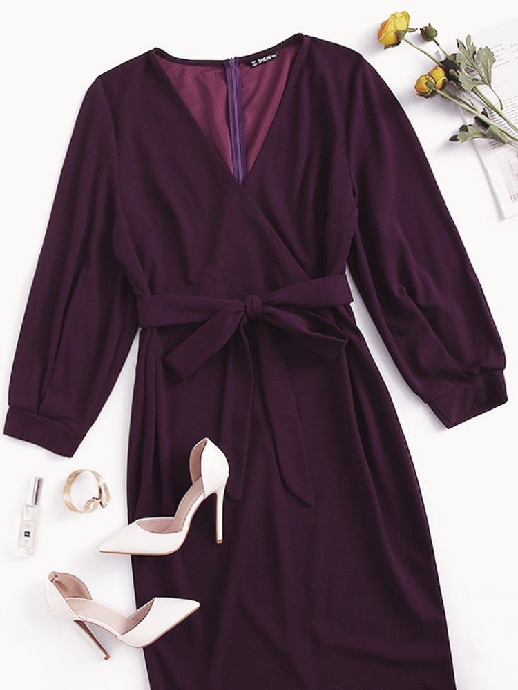 Shein Modely Plus Self Belted Blouson Sleeve Split Hem Pencil Dress
