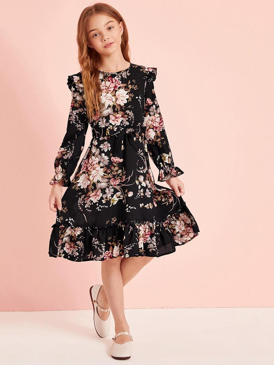 SHEIN Tween Girl Self Belted Ruffle Trim Floral Print Dress | SHEIN ...
