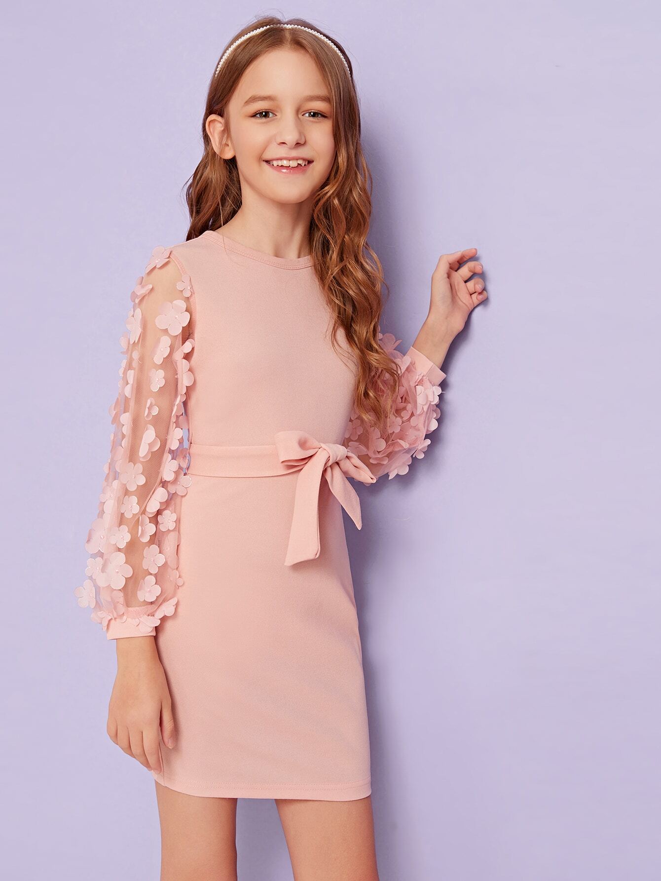 Girls Appliques Mesh Sleeve Self Belted Dress