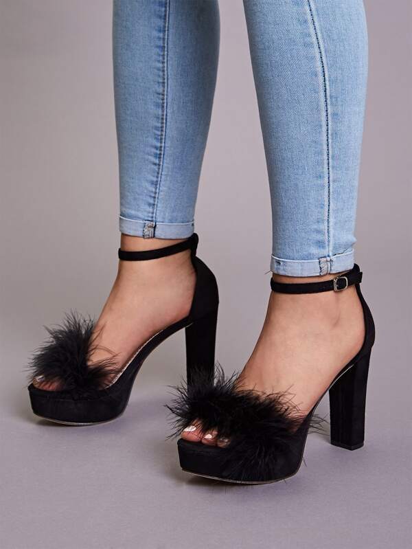 Turkey Feather Plush Ankle Strap Chunky Heels | SHEIN UK