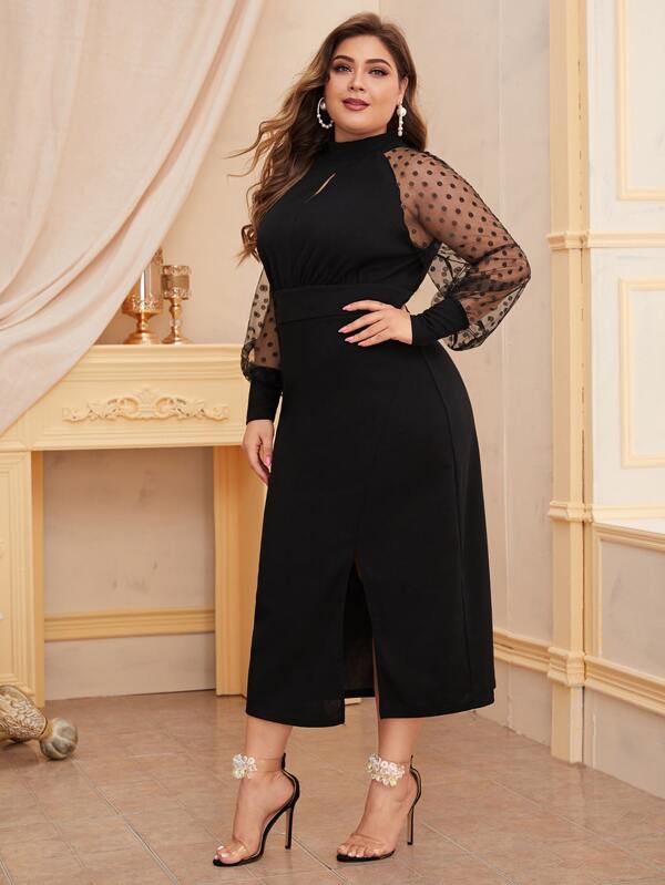 Shein Modely Plus Dobby Mesh Sleeve Split Hem Peekaboo Dress Shein Usa
