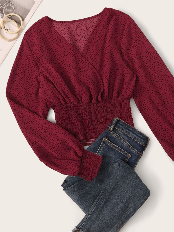 SHEIN LUNE Speckled Smocked Long Sleeve Top | SHEIN USA