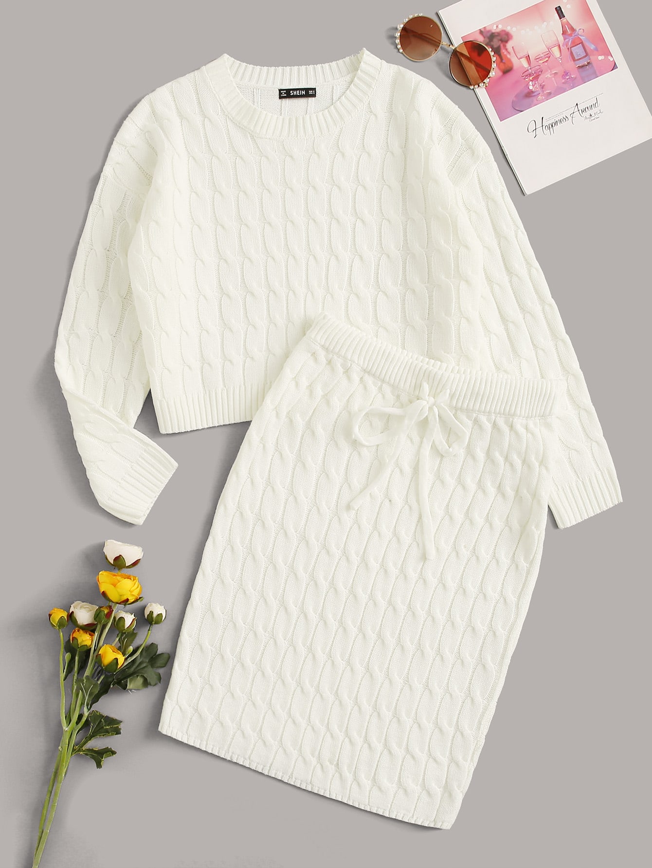 Cable Knit Solid Sweater & Drawstring Waist Skirt Set