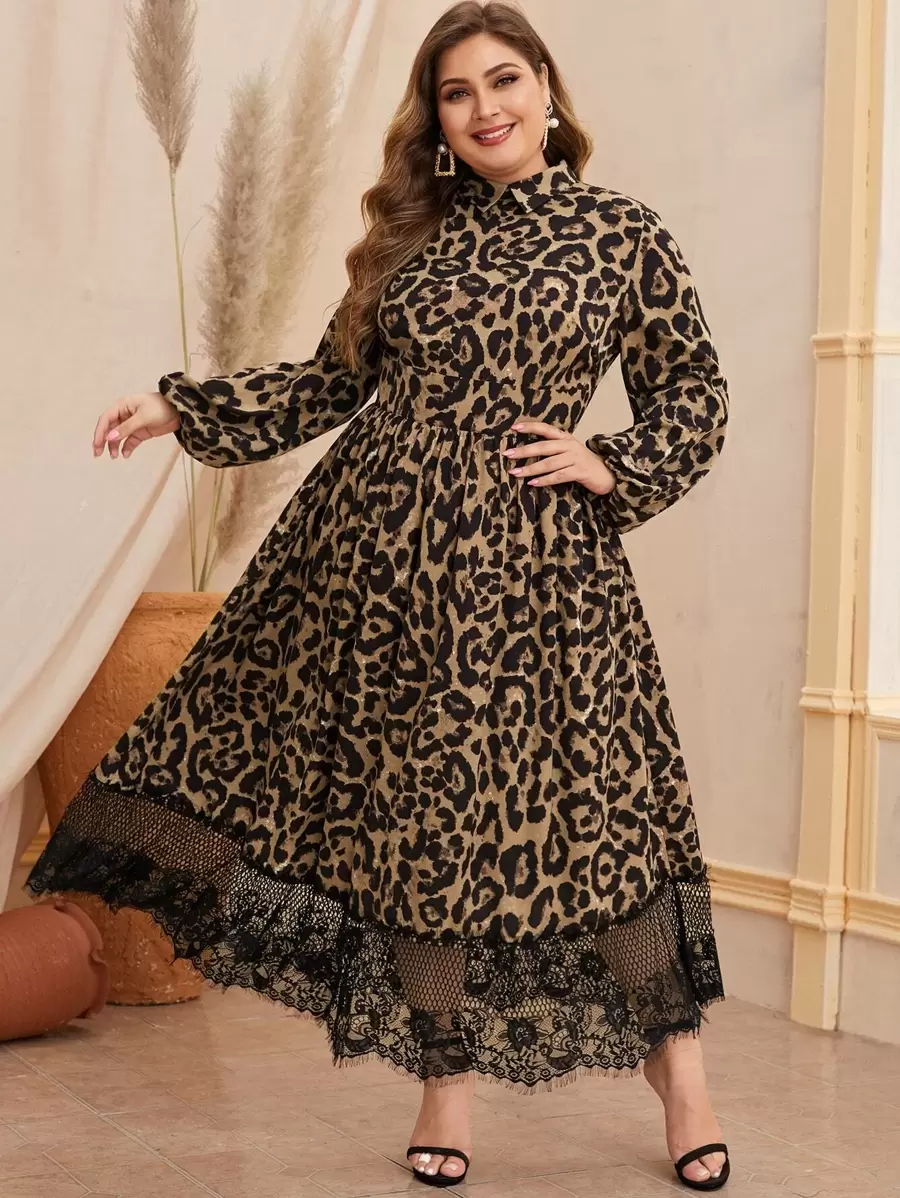Plus Zipper Back Lantern Sleeve Lace Hem Leopard Print Dress | SHEIN USA