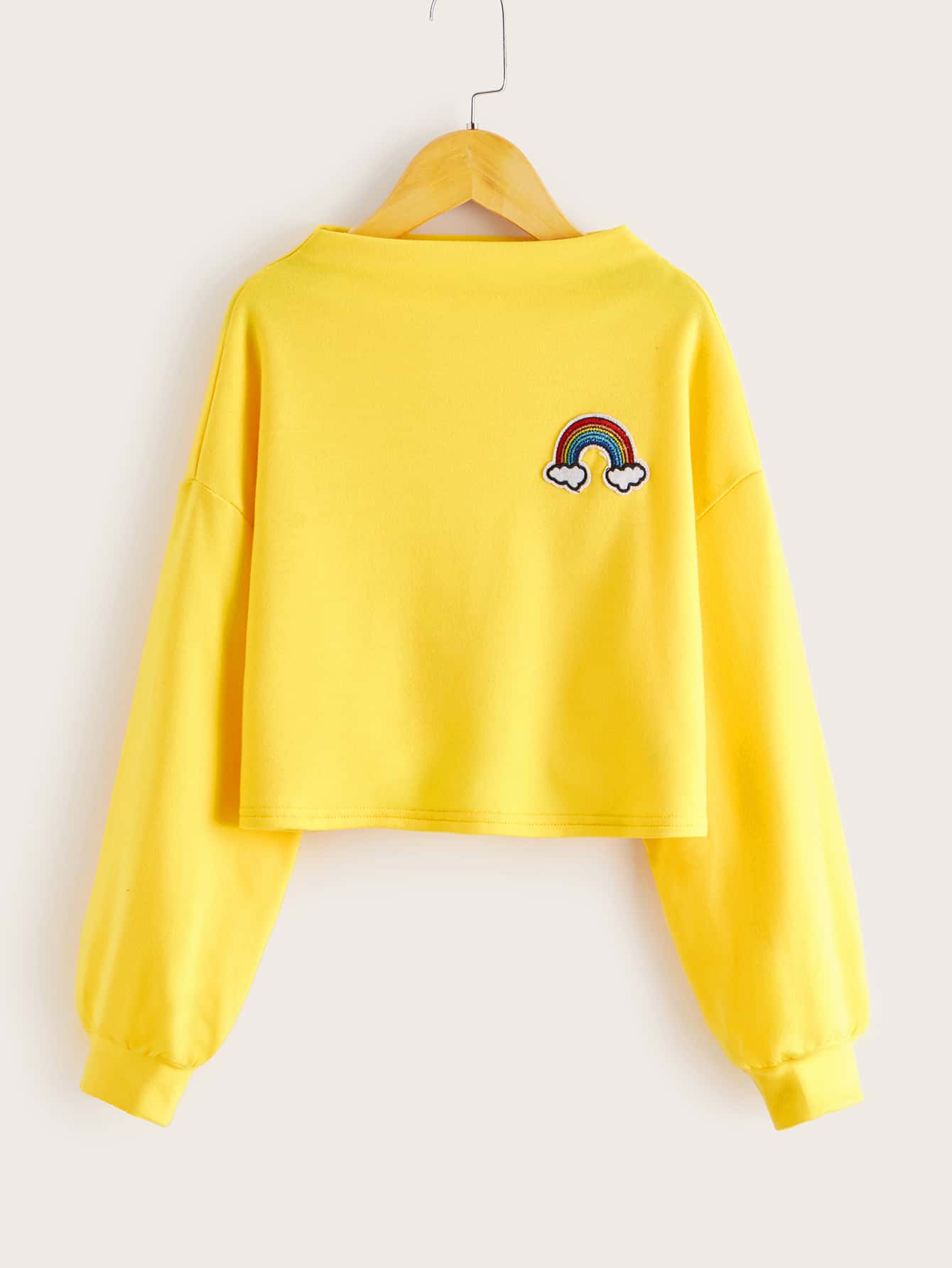 Girls Drop Shoulder Rainbow Patched Crop Pullover