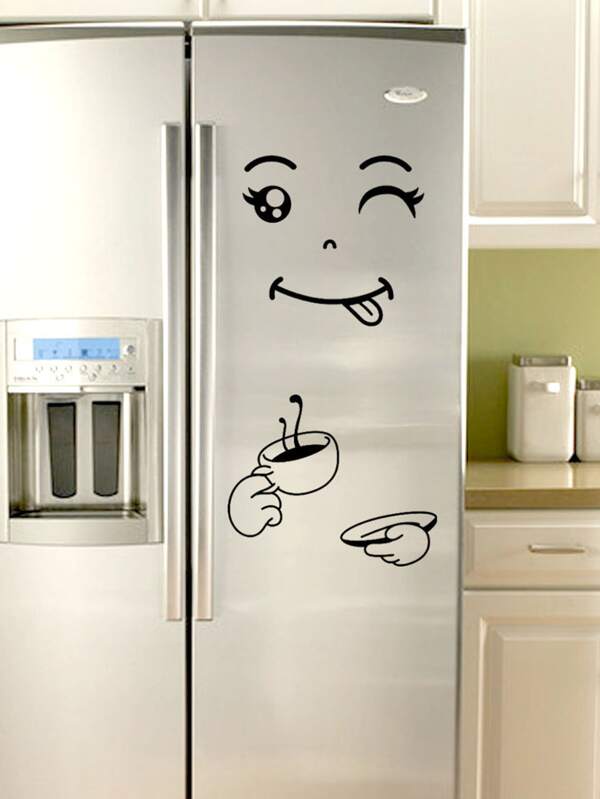 1pc Cartoon Refrigerator Sticker, Cartoon Black PVC Smile & Coffee ...