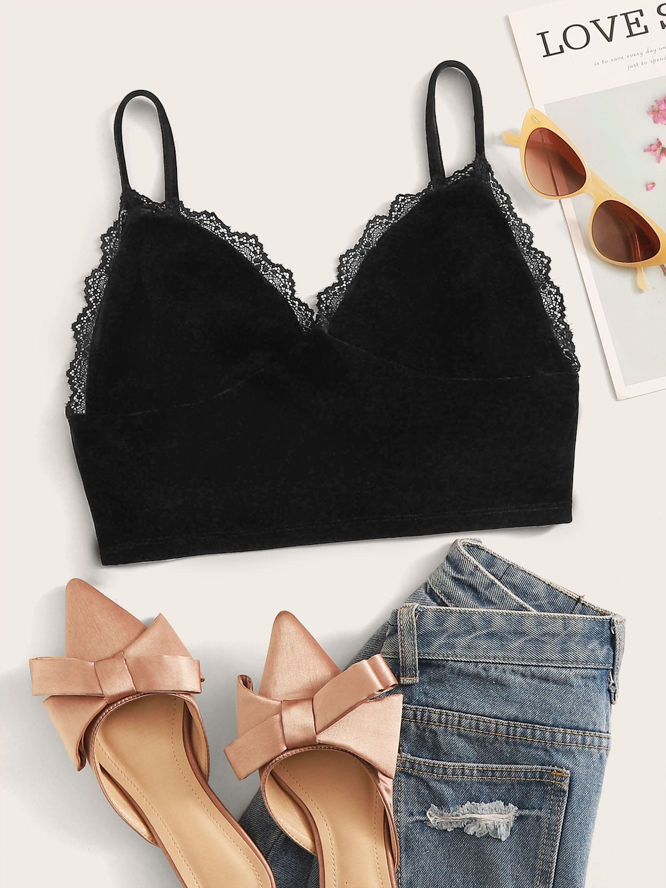 SHEIN Lace Detail Crop Velvet Bustier Top | SHEIN USA