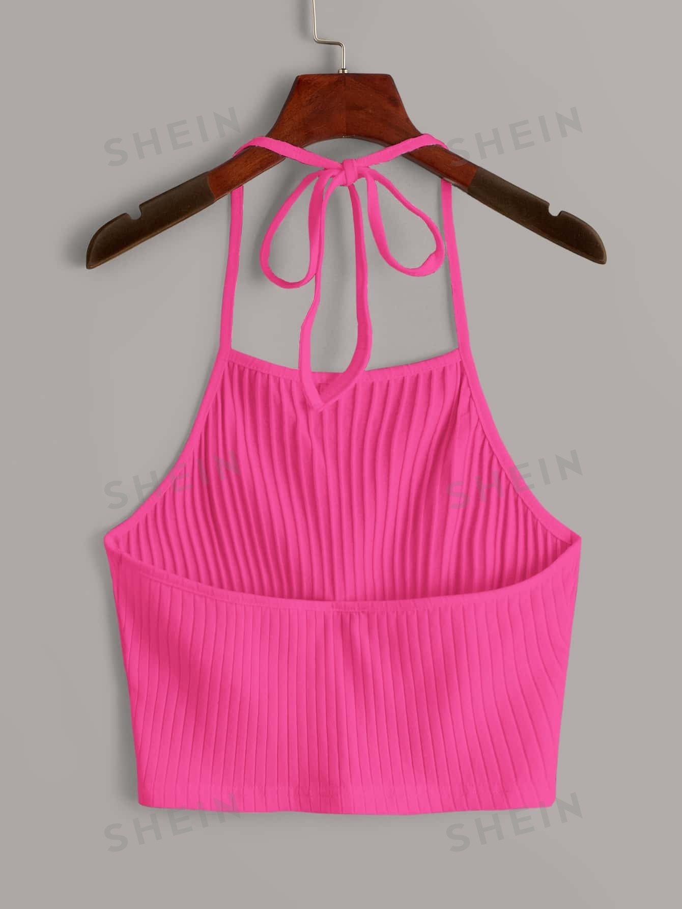 Shein Ezwear Top Halter Tejido De Canalé Rosado Neón Moda De Mujer