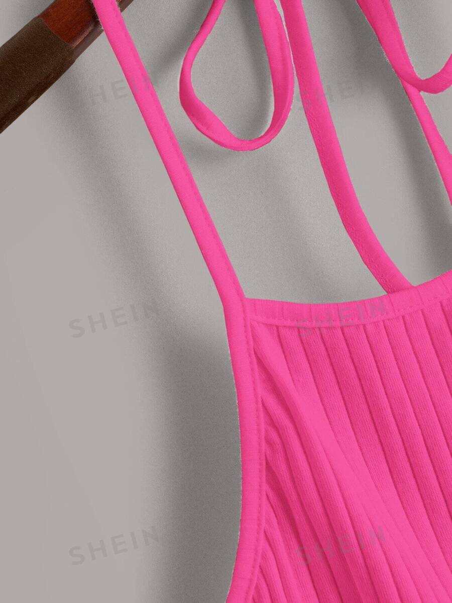 SHEIN EZwear Ribbed Neon Pink Cropped Halter Top | SHEIN UK