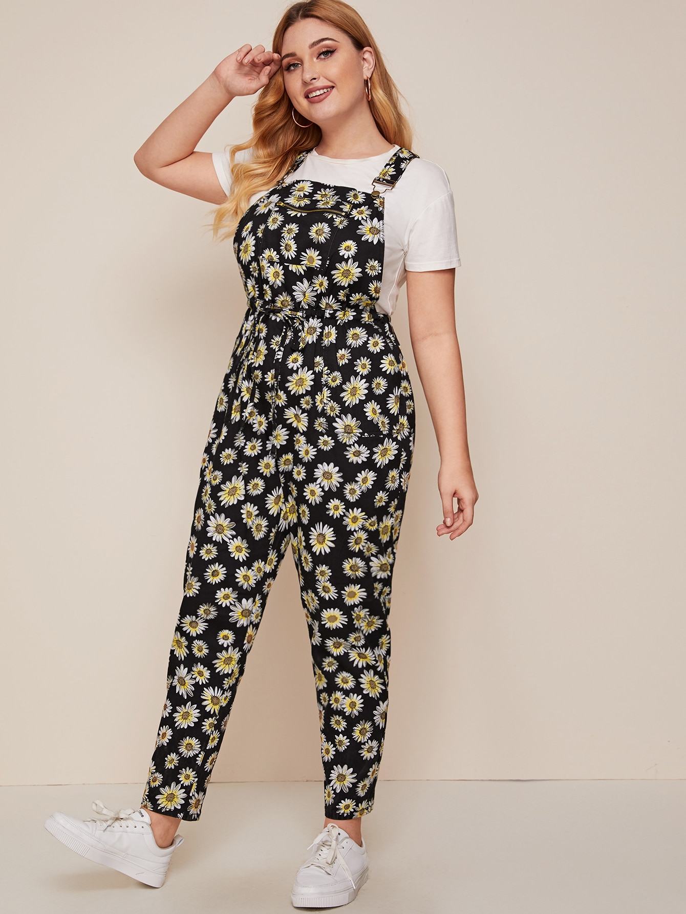 Plus Drawstring Waist Patch Pocket Daisy Floral Denim Overalls