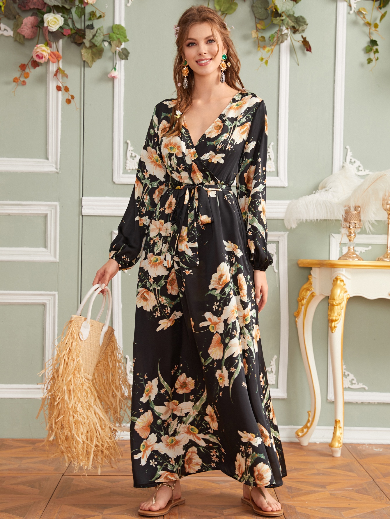 SHEIN Mulvari Floral Print Self Belted Balloon Sleeve Wrap Dress | SHEIN USA